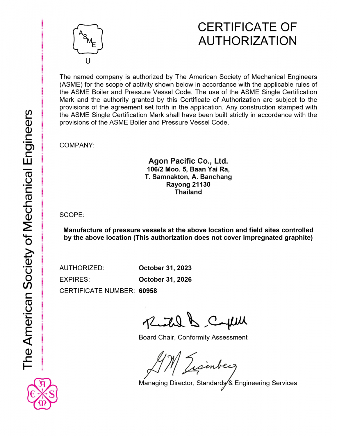 Certification – Agon Pacific